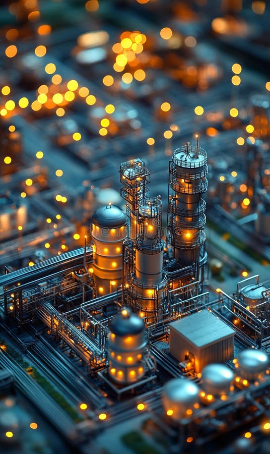 Miniature Industrial Complex Illuminated at Night with Vivid Lights Stock Image - Image of ...