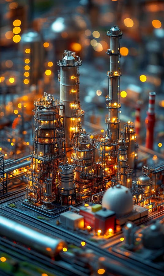 Miniature Industrial Complex Illuminated at Night with Intricate ...