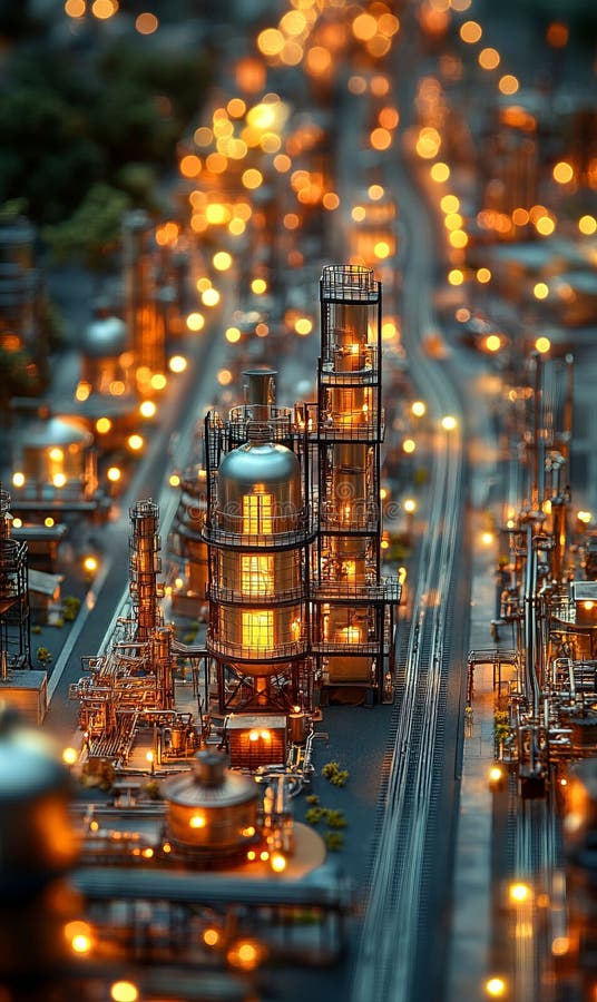 Miniature Industrial Landscape Glowing Structures Night Stock Photos ...