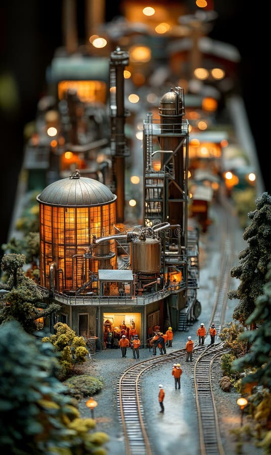Miniature Industrial Scene with Workers and Illuminated Buildings at ...