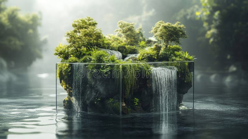 Miniature Island with Waterfall in Glass Cube Stock Illustration ...
