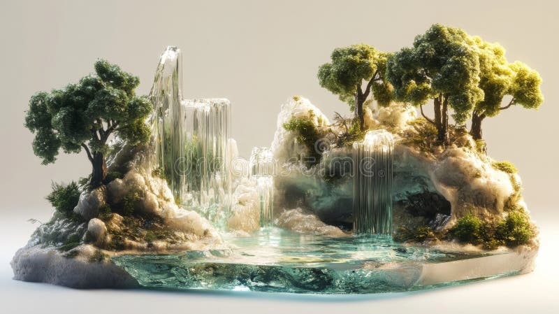 Miniature Island Waterfall Scene with Lush Trees Stock Illustration ...
