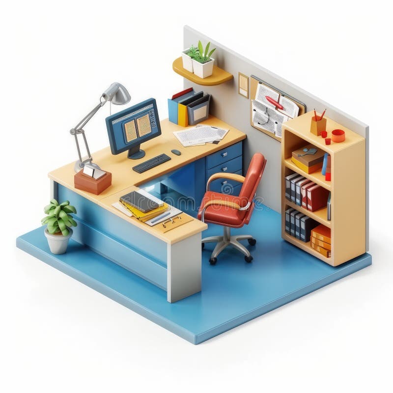 Modern Office Workspace: Isometric View of a Desk, Computer, and Chair ...
