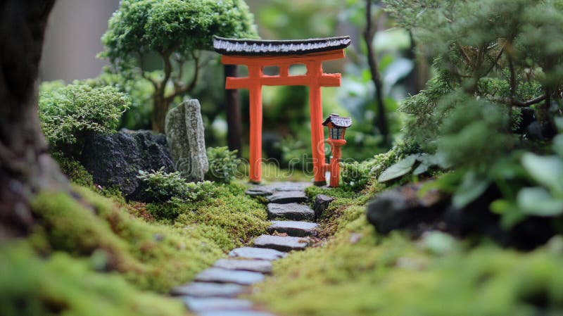 Miniature Japanese Garden with Red Torii Gate Stock Illustration ...