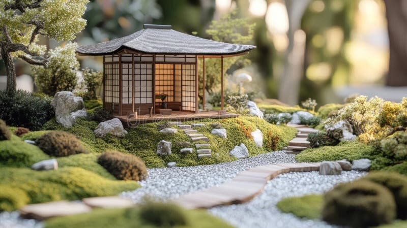 Miniature Japanese Garden with Tea House Stock Illustration ...