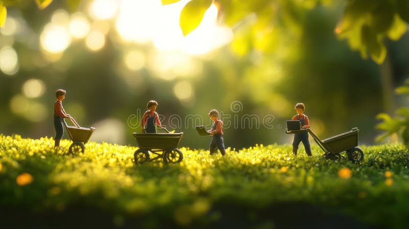 The Miniature Landscape Features Miniature People Working in the Garden ...