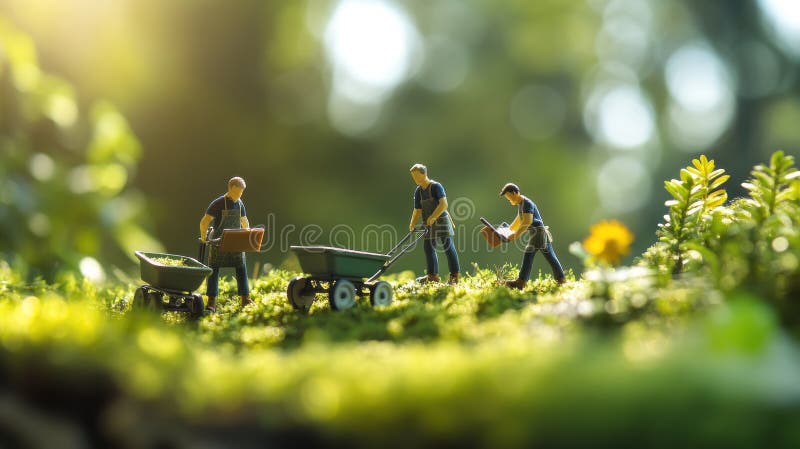 The Miniature Landscape Features Miniature People Working in the Garden ...