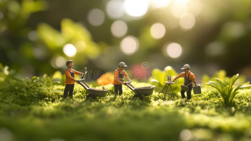 The Miniature Landscape Features Miniature People Working in the Garden ...