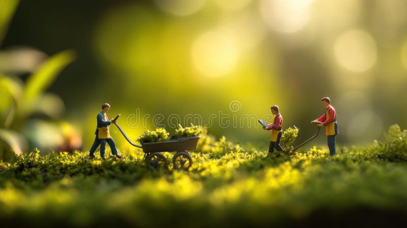 The Miniature Landscape Features Miniature People Working in the Garden ...