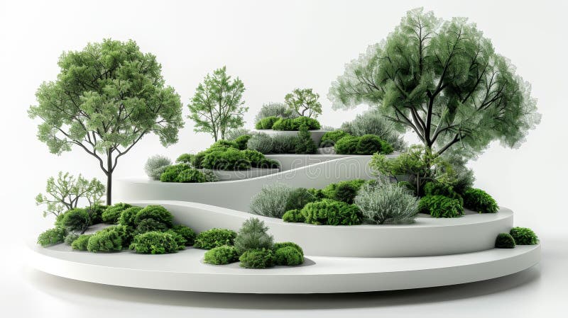 A Miniature Landscape with Green Trees and Shrubs on a White Platform ...