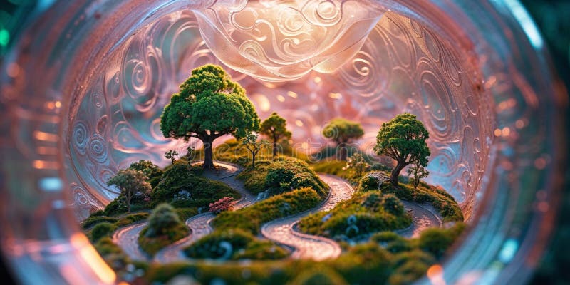 Miniature Landscape Inside a Glowing Glass Case. Stock Photo - Image of ...