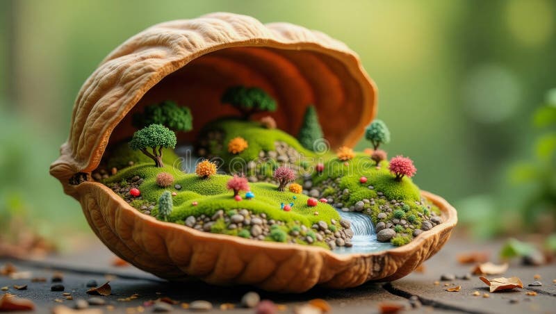 Miniature Landscape within a Walnut Shell Showcasing Natures Beauty ...
