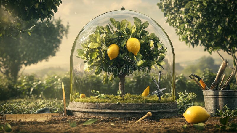 Miniature Lemon Tree Under Glass Dome Surrounded by Gardening Tools ...