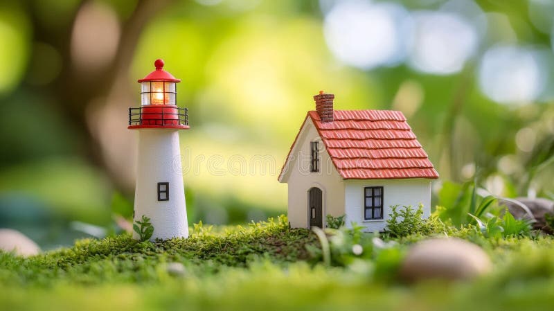 Miniature Lighthouse and House in a Green Garden Stock Illustration ...