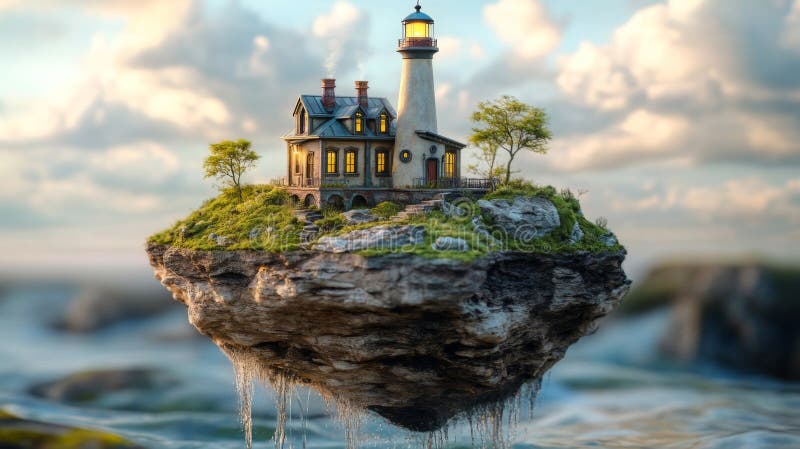 Miniature Lighthouse House on a Small Island at Sea Stock Illustration ...