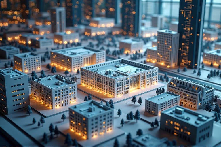 Miniature Lit Cityscape Model with Illuminated Buildings and Trees ...