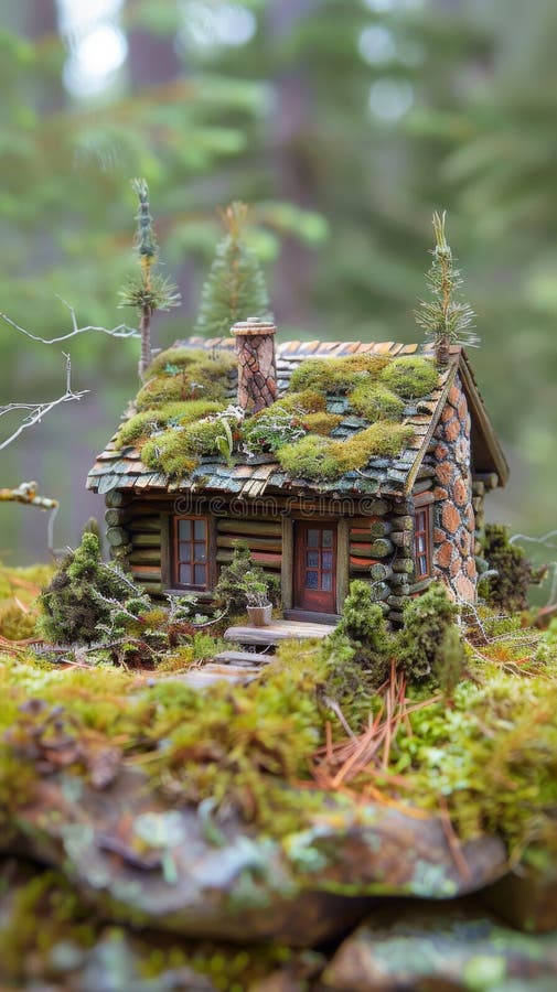 Miniature Log Cabin with Moss-covered Roof in a Forest Setting Stock ...