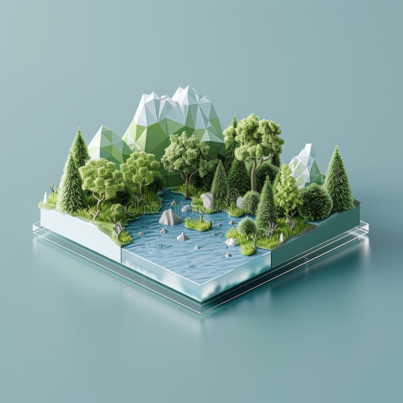 Miniature Low Poly Forest Ecosystem with Lake and Mountains on Green ...