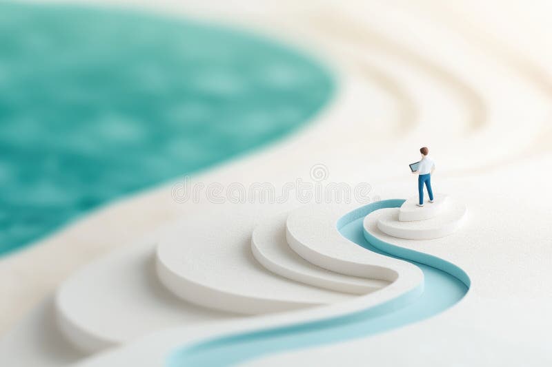 Miniature Man Standing beside Abstract Water Design with Curvy Lines ...
