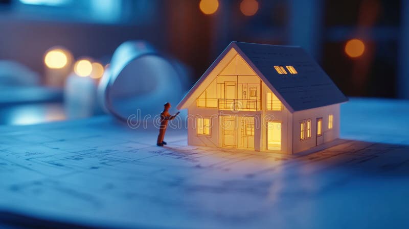 A Miniature Man Standing in Front of a Model House Stock Illustration ...