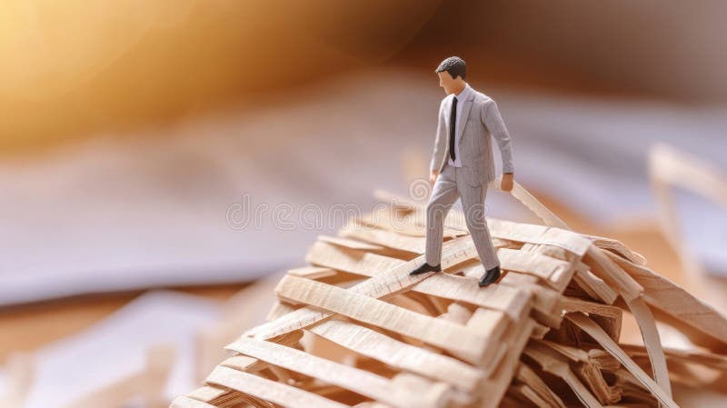 A Miniature Man Standing on Top of a Wooden Structure Stock ...