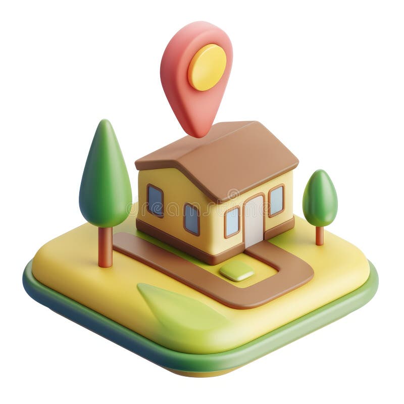 Cute Cartoon House with GPS Locator, 3D Render Stock Illustration ...