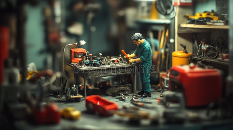 Miniature Mechanic Workshop Scene, Detailed Diorama Stock Illustration ...