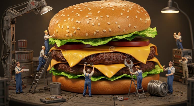 Miniature Mechanics Constructing a Colossal Double Cheeseburger in a ...