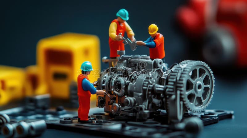 Miniature Mechanics Working on Detailed Engine Model in Studio Stock ...