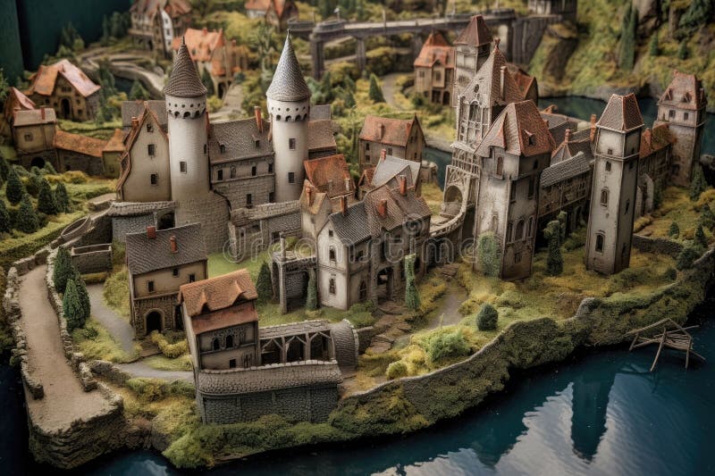 Miniature Medieval Village with Castle and Moat Stock Illustration ...