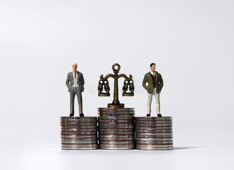 Miniature Men Standing on a Pile of Coins of the Same Height. Pile of ...