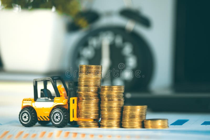 Miniature Mini Forklift Truck with Coin Stack on Working Table with ...
