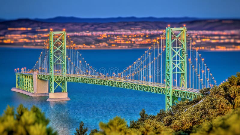 Miniature Model Bridge Illuminated at Night with a City Skyline in the ...