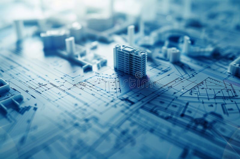 Model Building on a Blueprint Stock Illustration - Illustration of ...