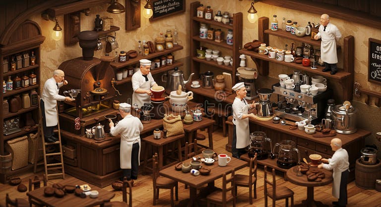 A Miniature Model of a Bustling Bakery Features Five Male Figures in ...