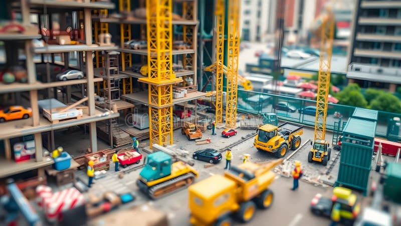 Miniature Model of a Busy Construction Site with Cranes, Vehicles, and ...