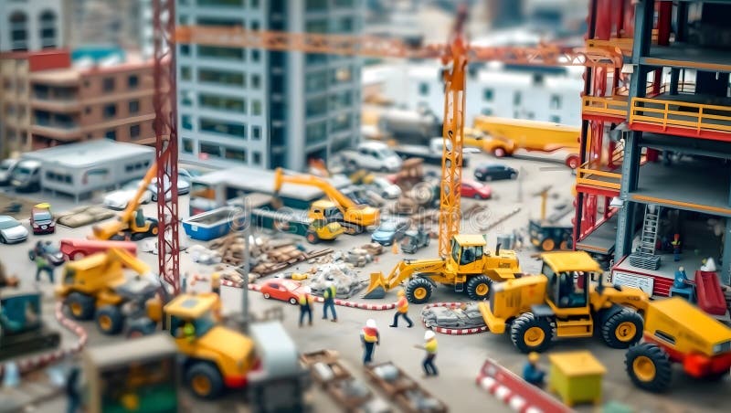 Miniature Model of a Busy Construction Site with Cranes, Vehicles, and ...