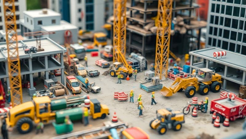 Miniature Model of a Busy Construction Site with Cranes, Vehicles, and ...