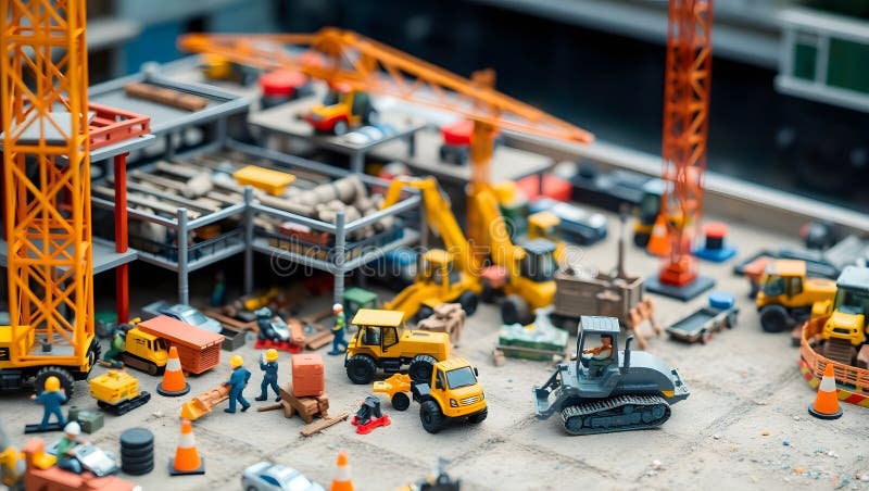 Miniature Model of a Busy Construction Site with Cranes, Vehicles, and ...
