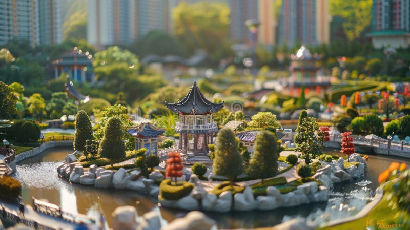 Miniature Model of a Chinese Garden with Buildings and Water Feature ...