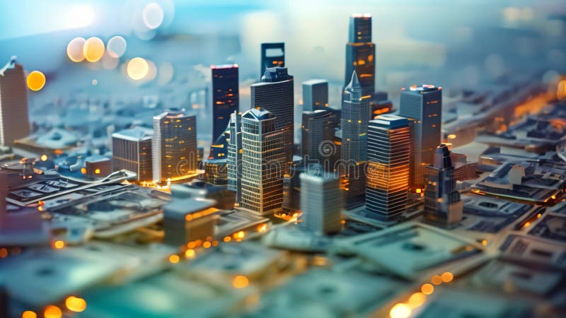 A Miniature Model of a City, Featuring Skyscrapers Lit by Small Lights ...