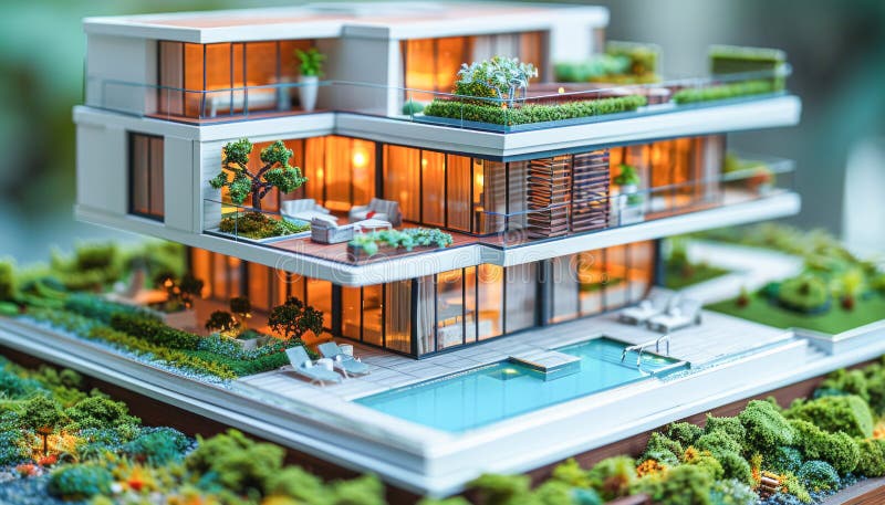 A Miniature Model of a Contemporary Home Featuring a Pool and ...