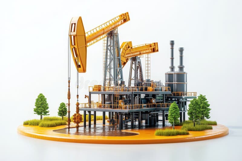 Detailed Miniature Oil Extraction Rig on a Stylized Base with Yellow ...