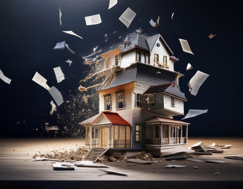 Miniature Model House Exploding with Papers Flying through the Air ...