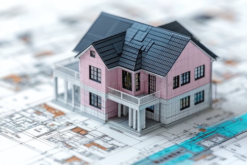 A Miniature Model House Sits Atop a Detailed Blueprint Plan Stock Image ...