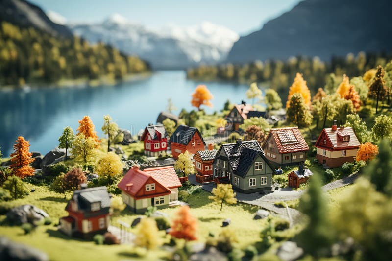 Miniature Model of Houses on the Background of the Lake and Mountains ...