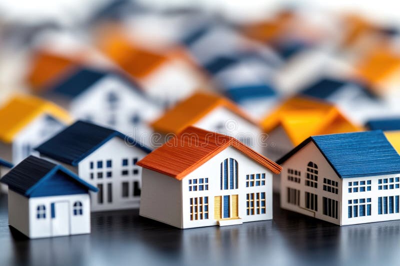 Miniature Model Houses with Blue and Orange Roofs in Suburban Setting ...