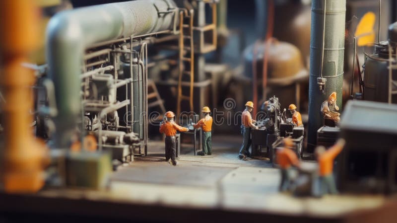 Miniature Model of Industrial Workers in Factory Setting Scene Stock ...