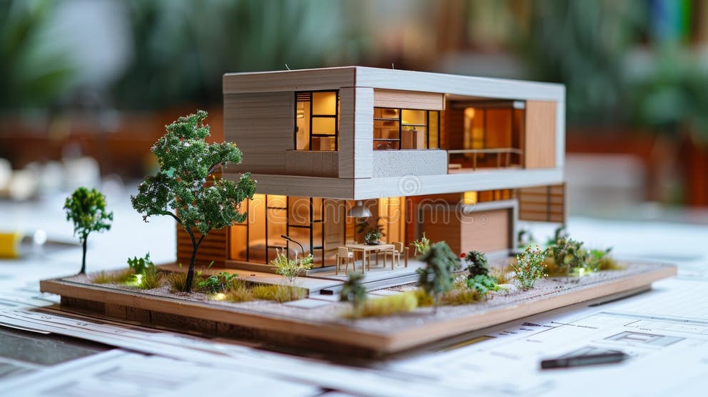 A Miniature Model of a Modern House with a Pool and Landscaping Stock ...