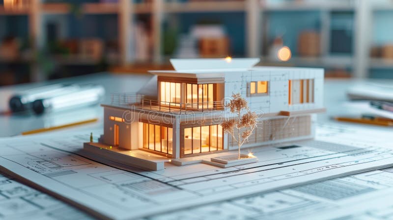 A Miniature Model of a Modern House Sits on a Blueprint, Illuminated ...